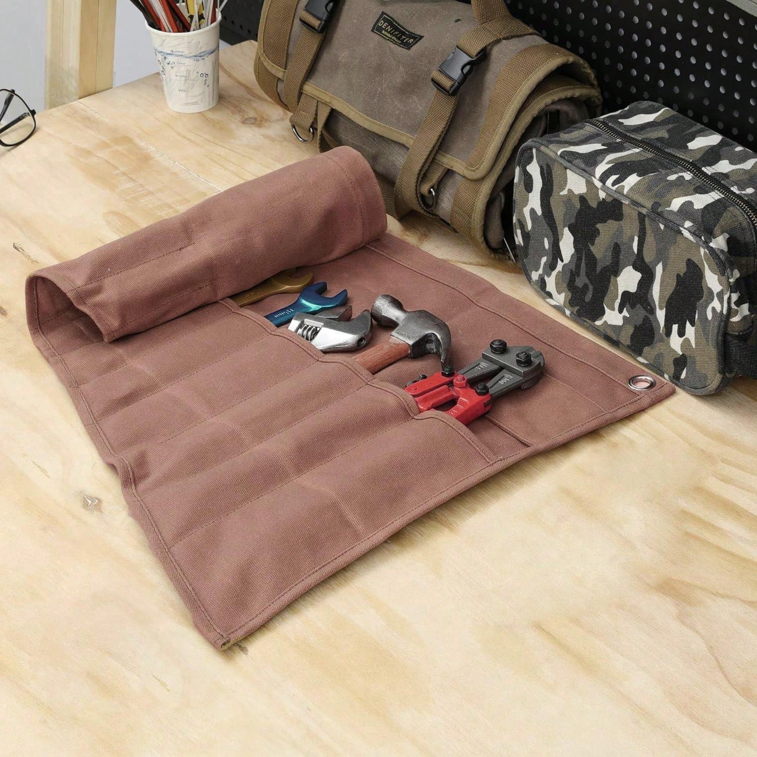 Wrench And Tool Roll Bag, Durable 16oz Waxed Canvas Construction Tool ...