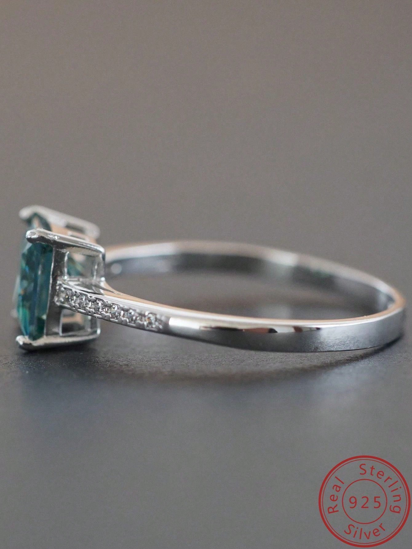 Blue-Green Princess Cut Moissanite Stone Straight Set Ring, 925 ...