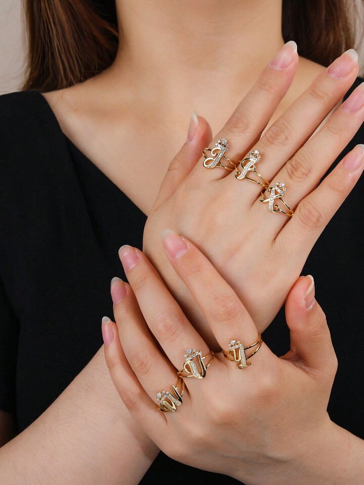 1pc New Fashionable Exquisite Micro set Crown Letter Alphabet Design Ring For Women Suitable For Daily Wearing Commuting And Dating SHEIN USA