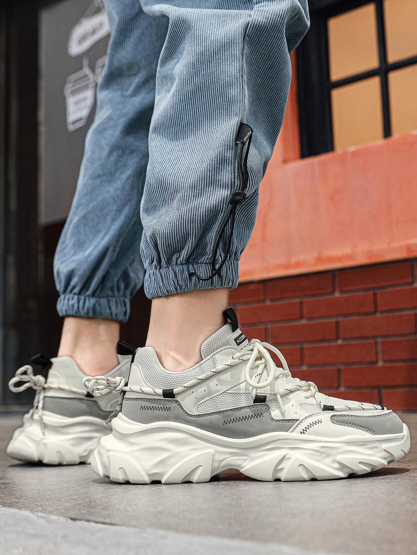 Men's Thick Soled Chunky Shoes With Wavy Pattern, Two-tone Shoelaces ...