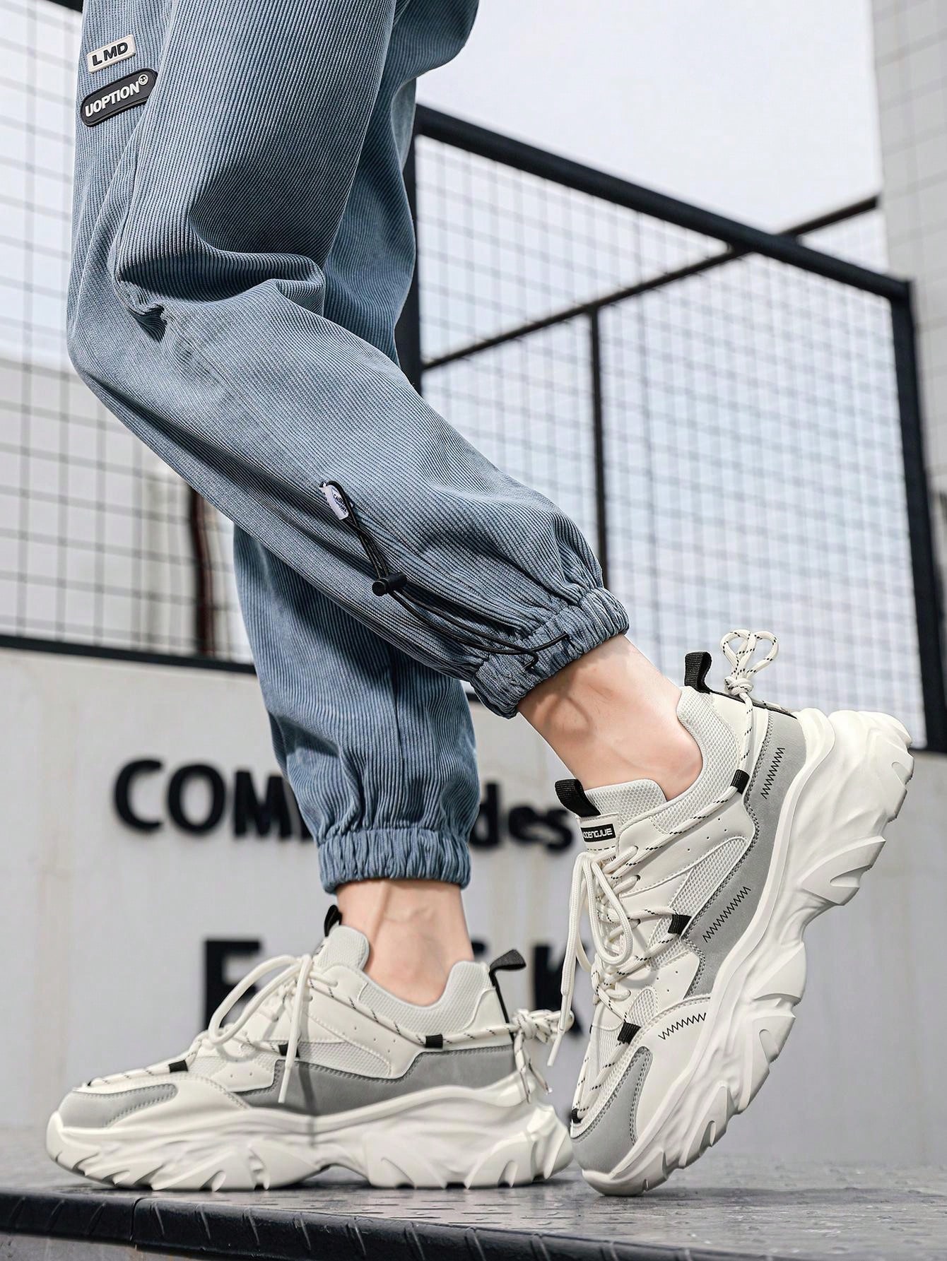 Men's Thick Soled Chunky Shoes With Wavy Pattern, Two-tone Shoelaces ...