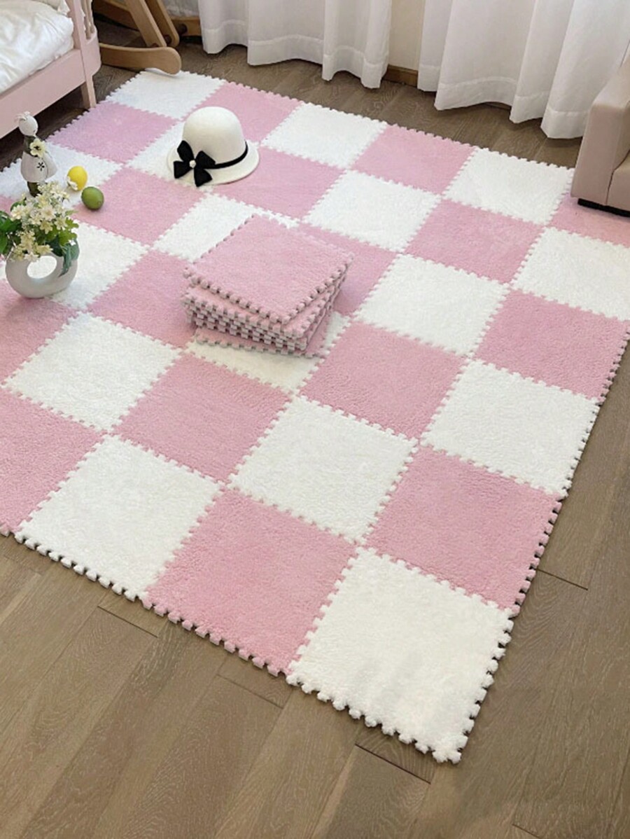 4pcs/Set White & Pink Two Tone Plush Floor Mat Puzzle Foam Mat Full ...
