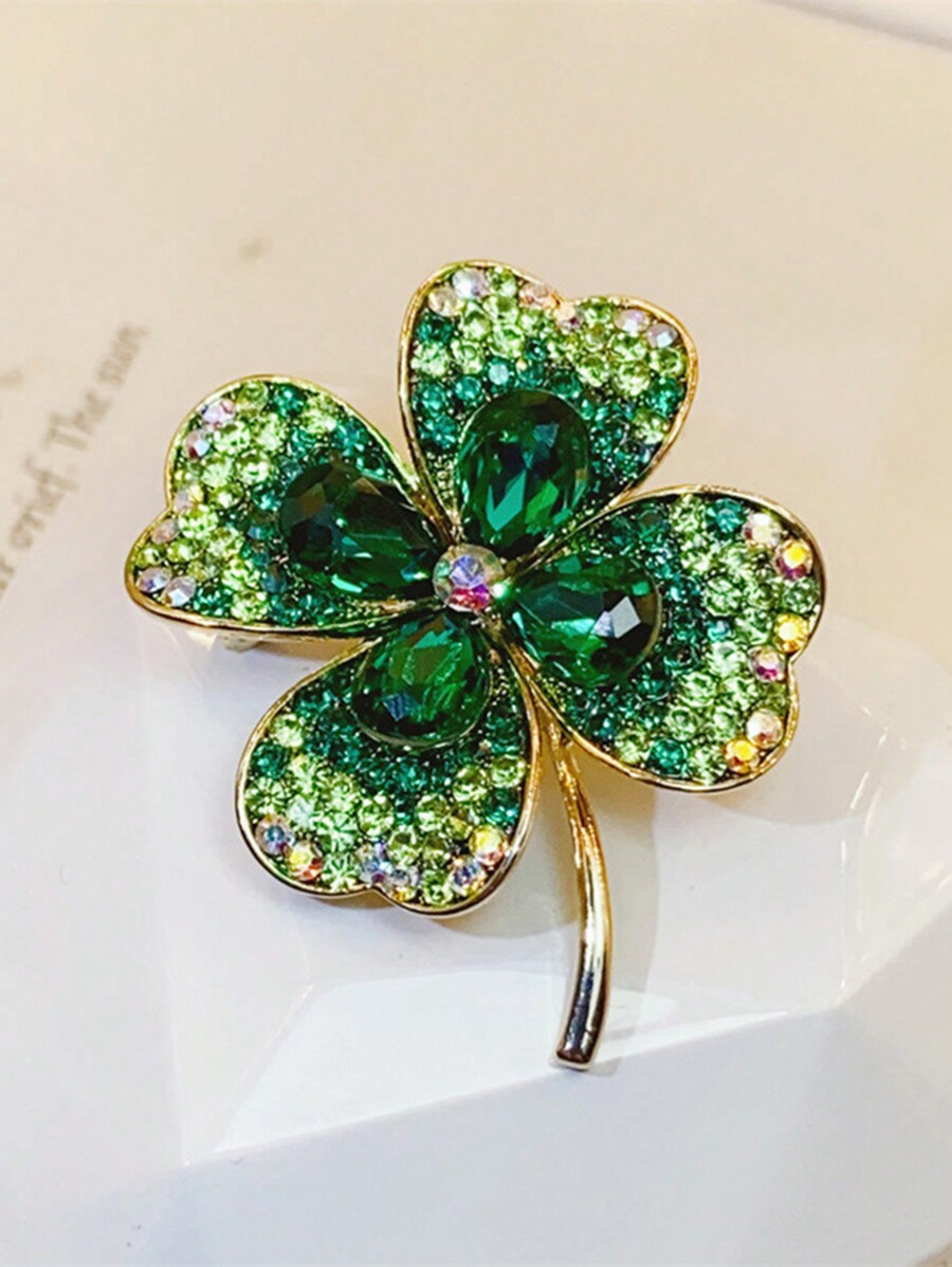 Exquisite & Sparkling Four-Leaf Clover Brooch With High-End Green Color, Elegant Suit Pin ...