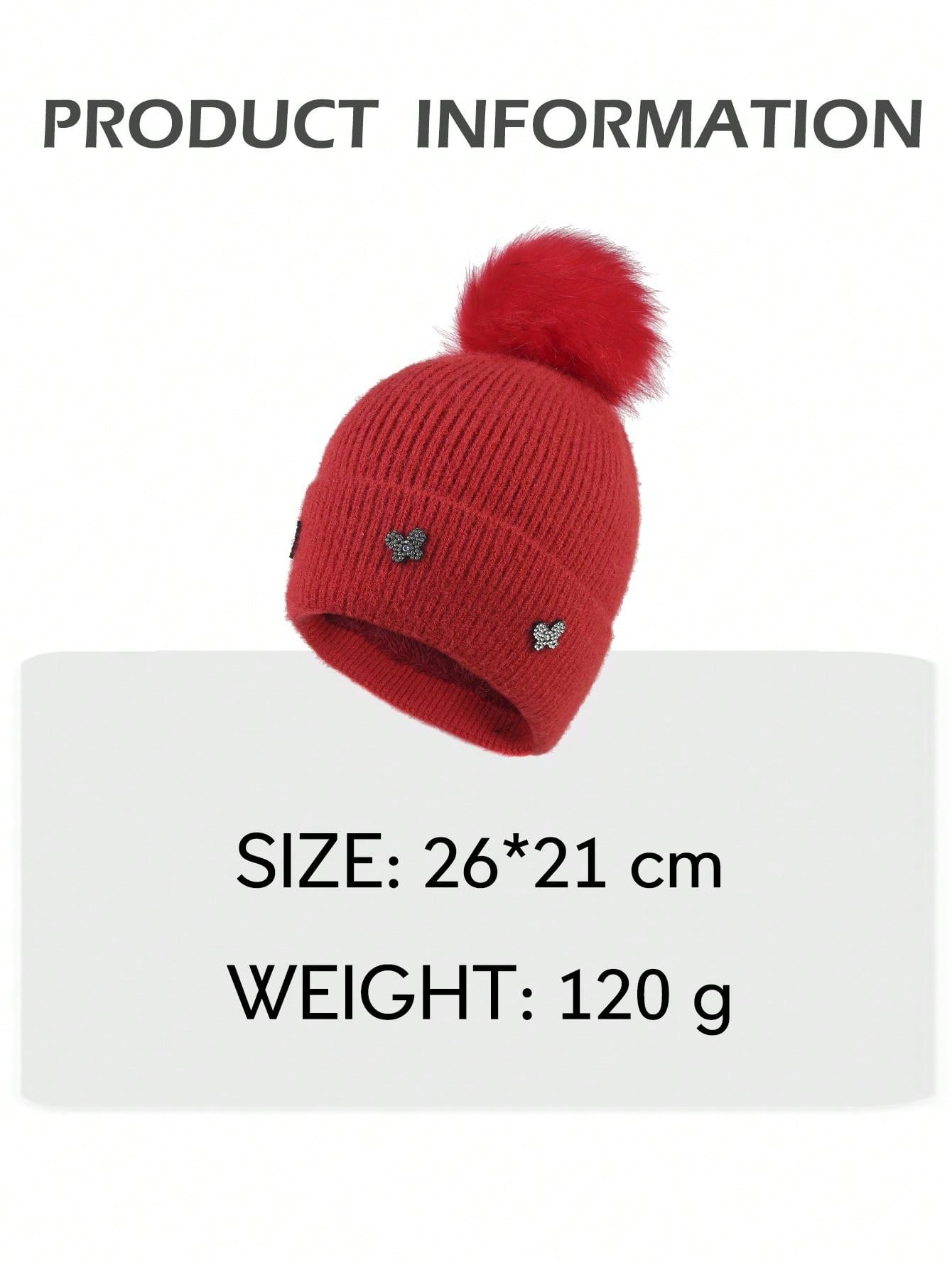 1pc Red Womens Winter Plus Fluff Knit Cuffed Beanies Butterfly Decoration Plain Knit Pompoms ...