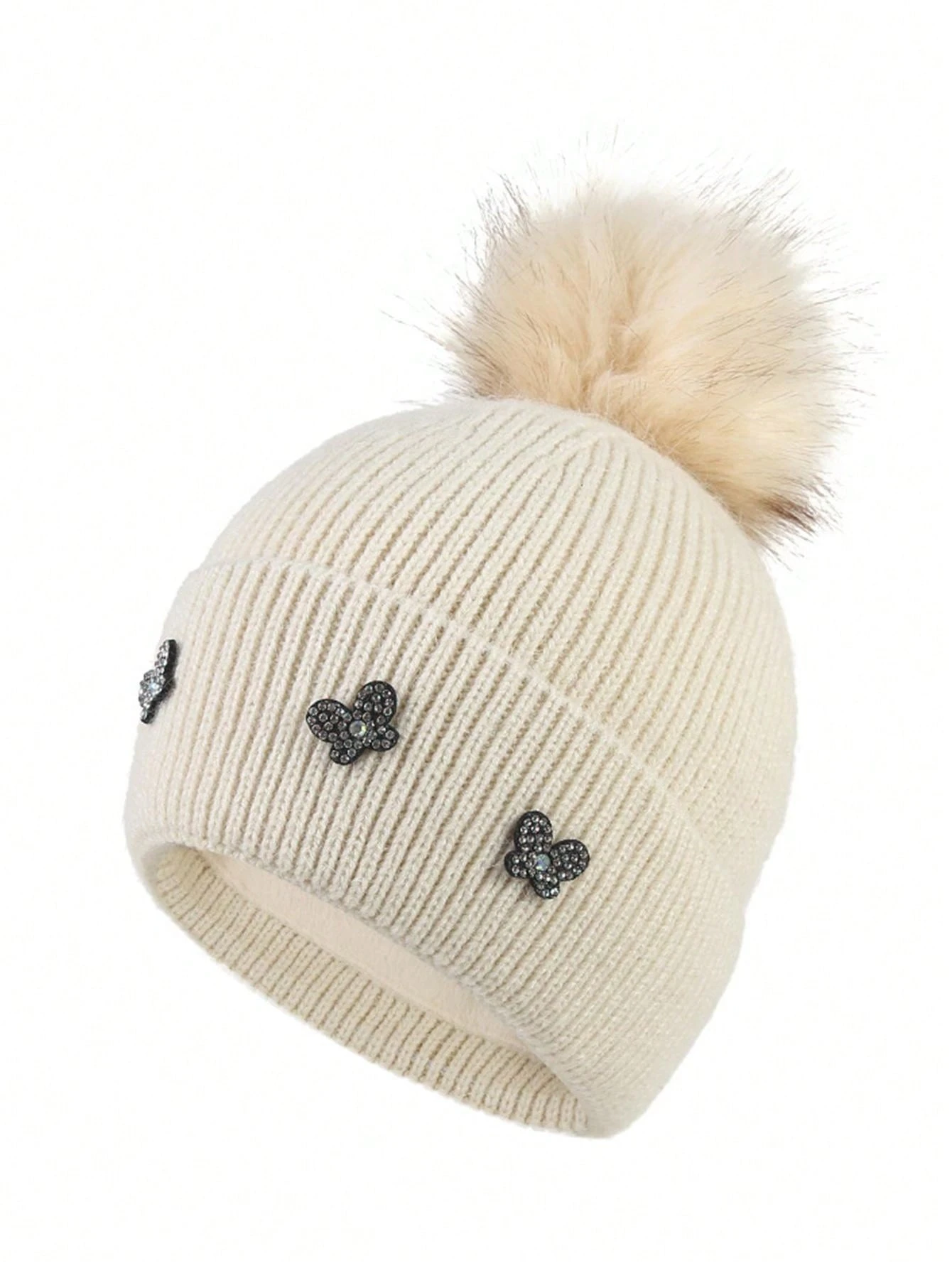 1pc Red Womens Winter Plus Fluff Knit Cuffed Beanies Butterfly Decoration Plain Knit Pompoms