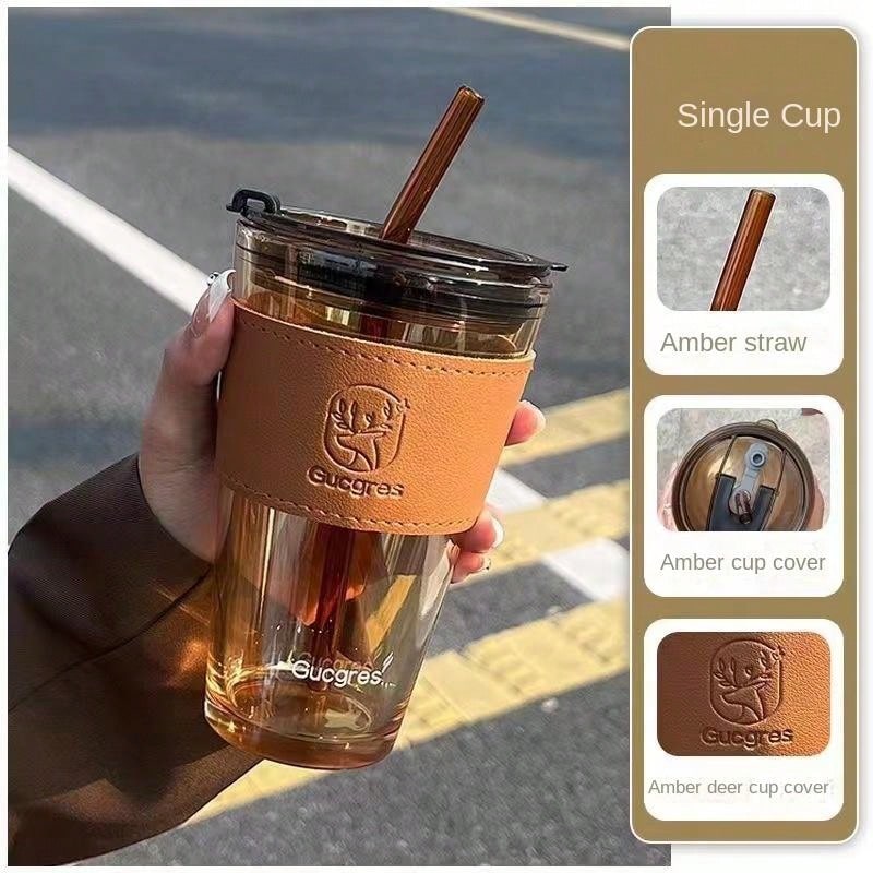 Glass Cup With Straw And Lid, 15.4oz (about 450g) Iced Coffee Cup ...