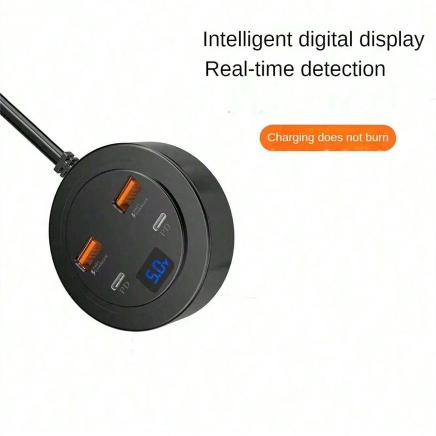 1pc Round Portable Multi-Port Charger A+C Port With LCD Voltage Display ...