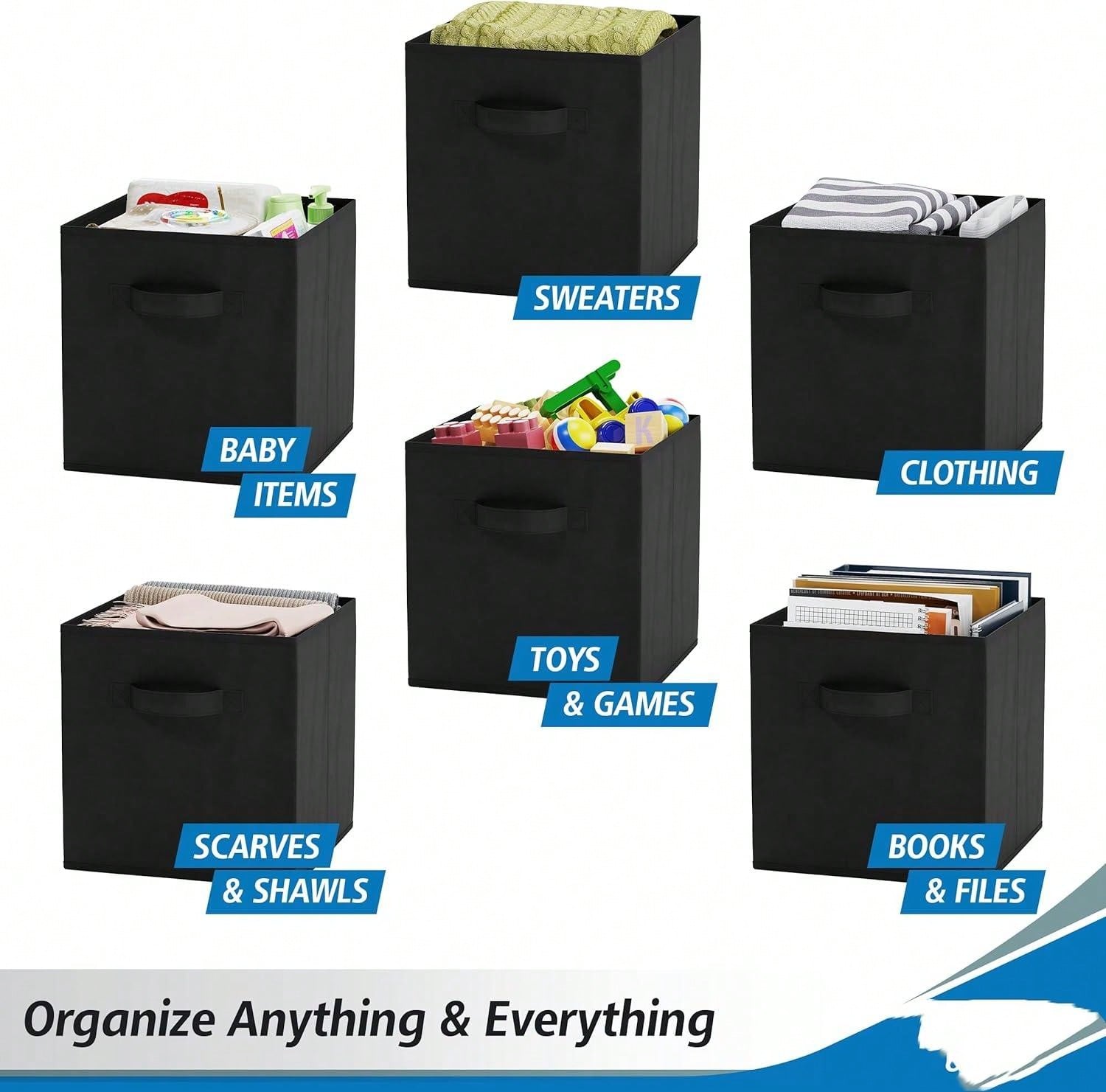 Black cube storage baskets are used for organizing, storing, and ...