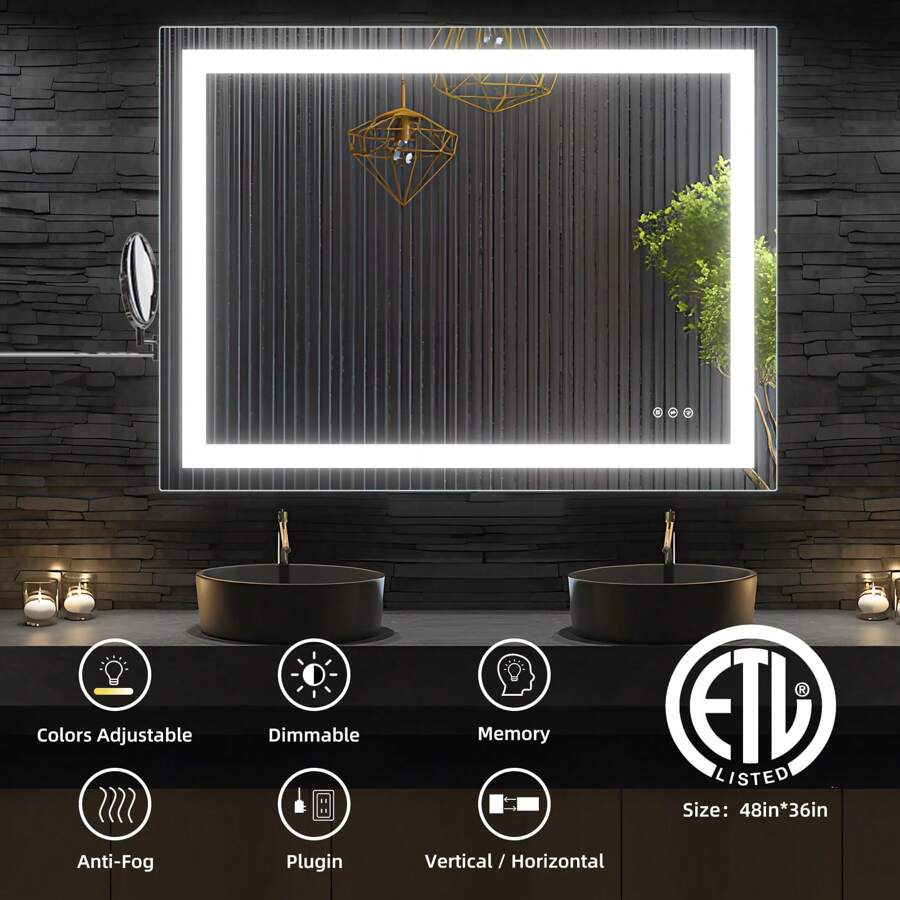 48x36 inch LED Bathroom Mirror with Front and Backlight, Stepless ...
