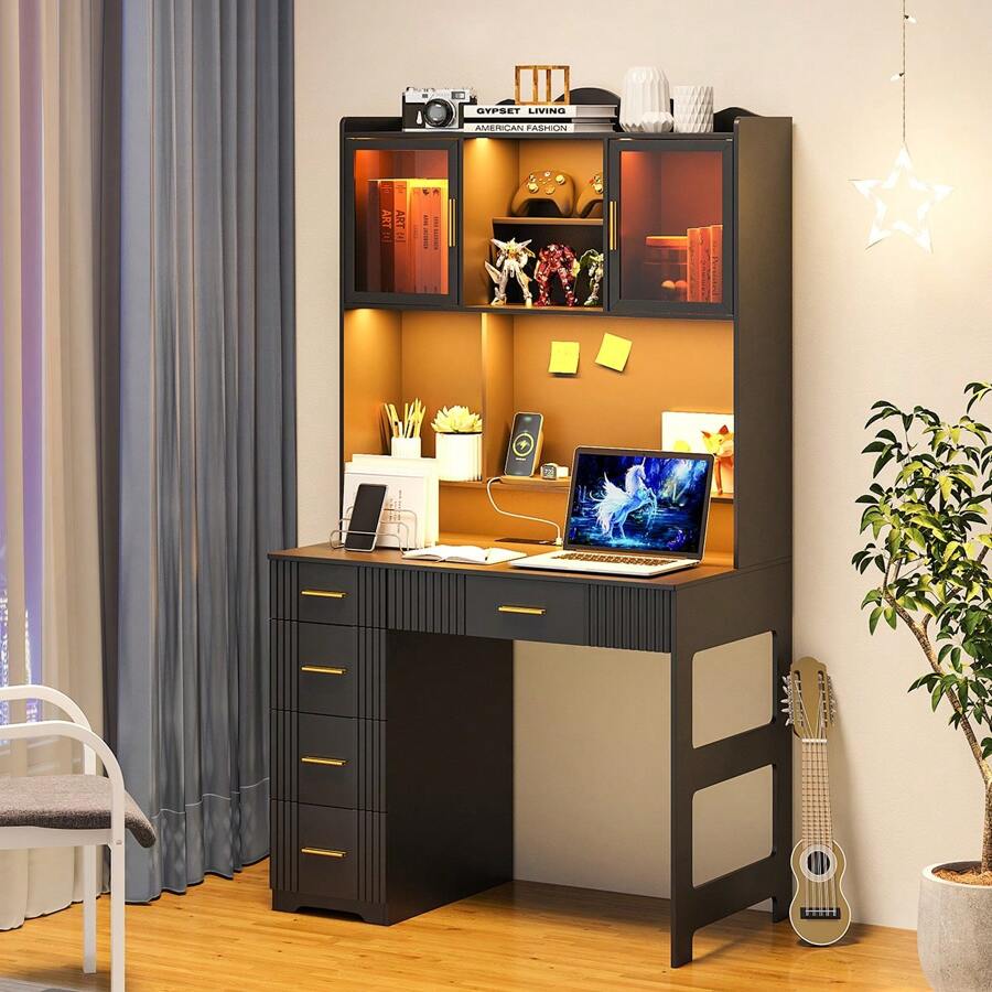 LED Study Table With Hutch And Drawer, Home Office Desk With Outlet ...