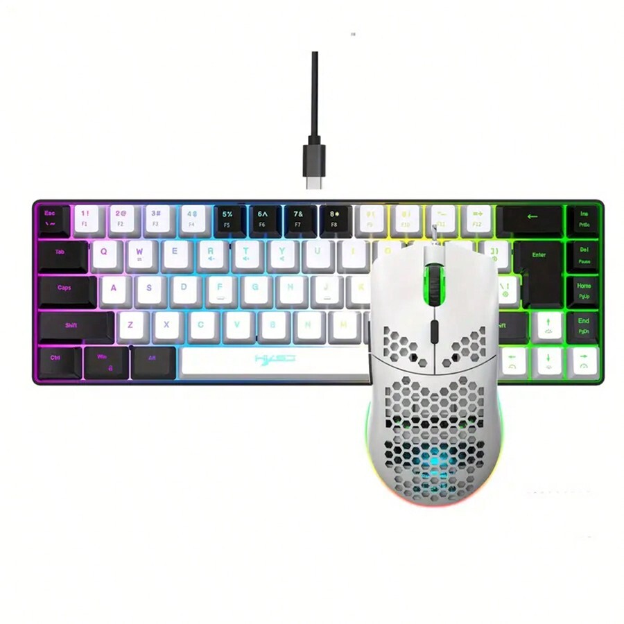 HXSJ Black & White RGB Keyboard And Cellular Gaming Mouse, Compact 68 ...