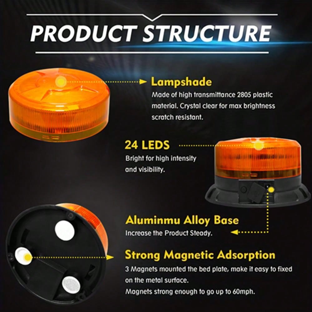 1pc Battery 24Led Strobe Light Wireless Amber Emergency Magnetic ...