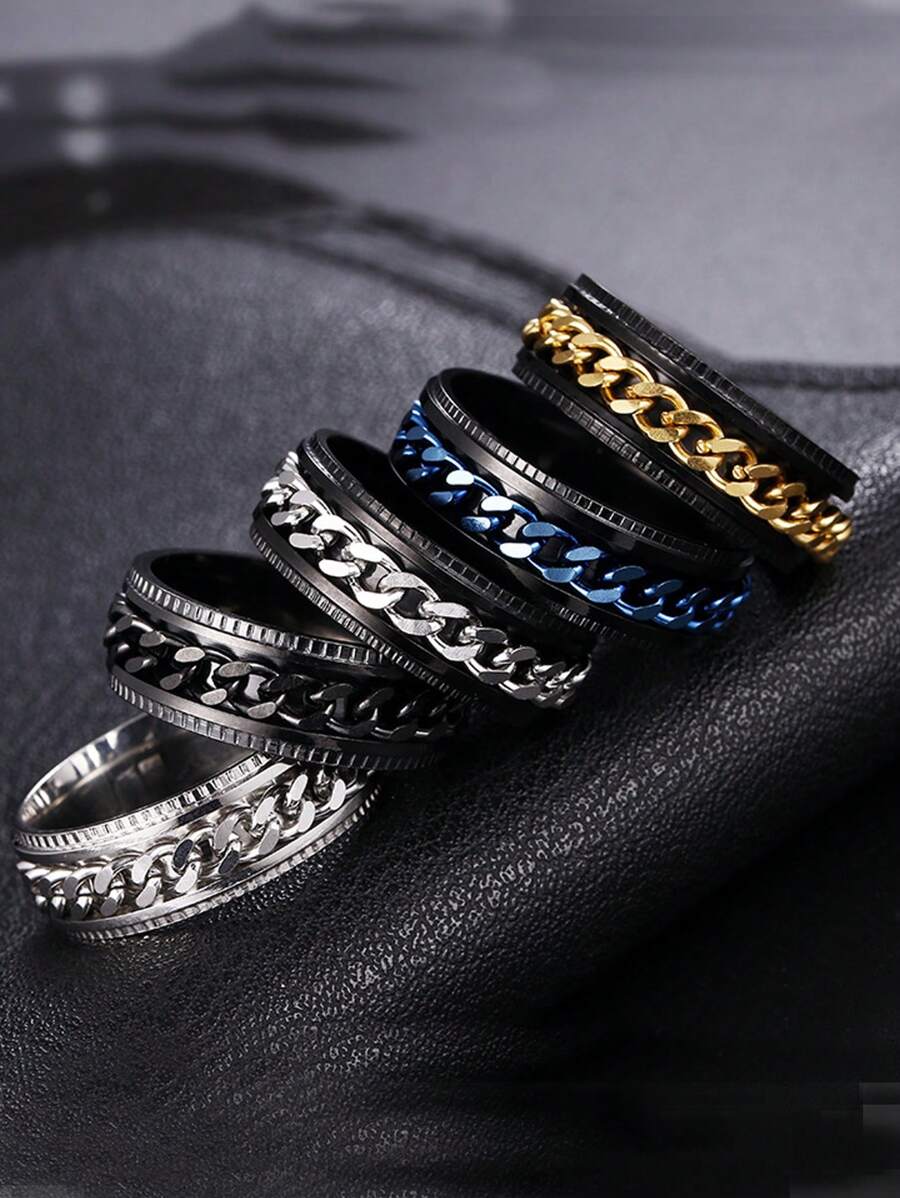 5 Stylish Stainless Steel Embossed Chain Ring Set For Men's Everyday ...
