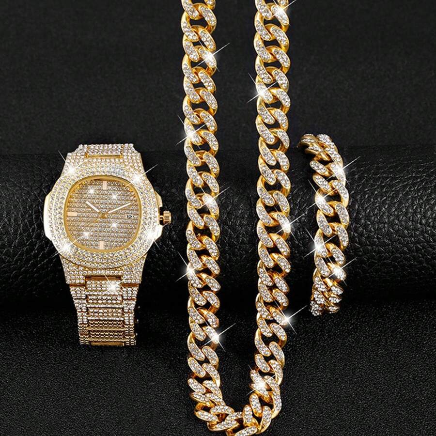 Men's Hip Hop Style Watch, Bracelet, Necklace Set - Quartz Watch With ...