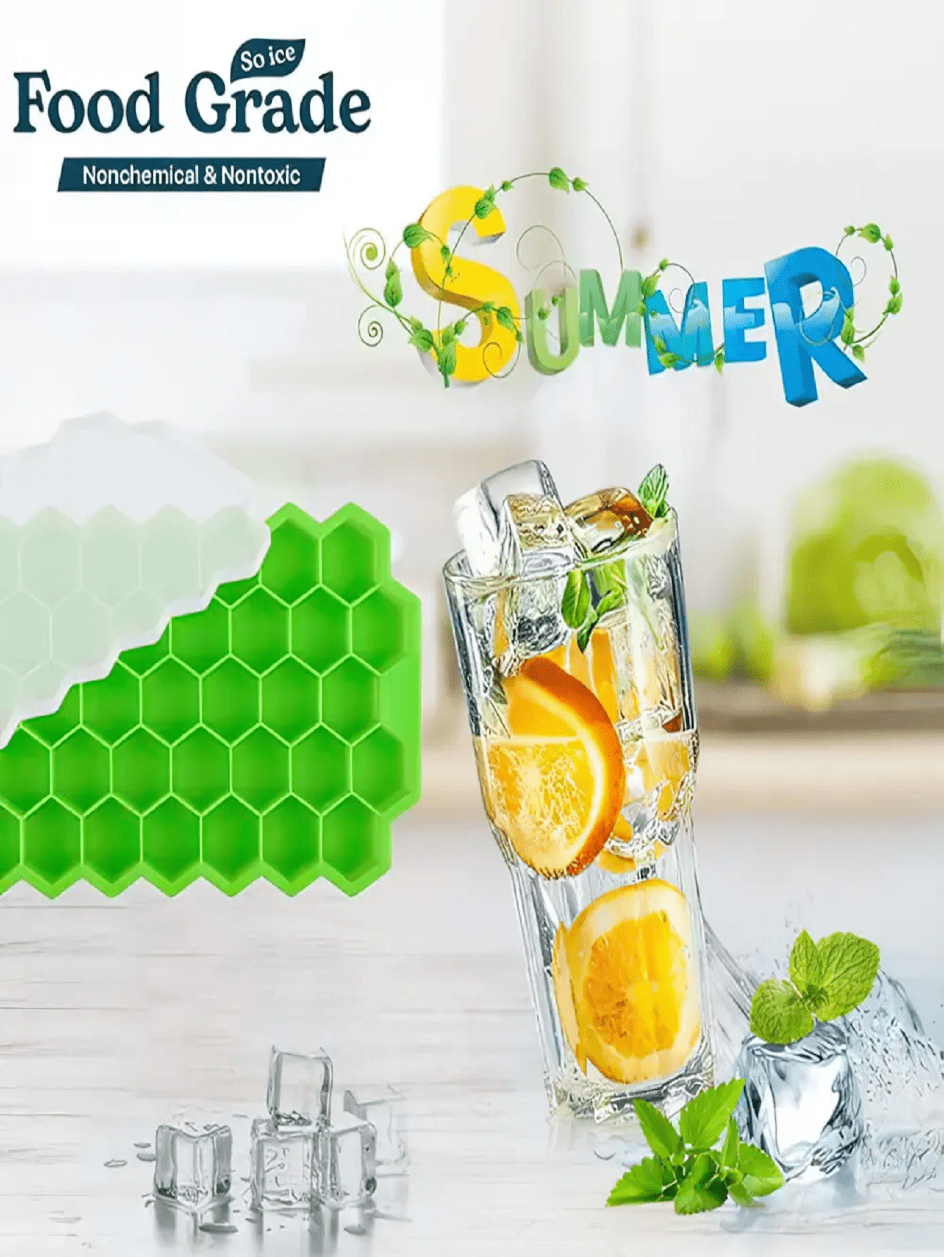 1pc Green Ice Tray Mould Silicone 37 Hexagonal Honeycomb Ice Cube Tray ...