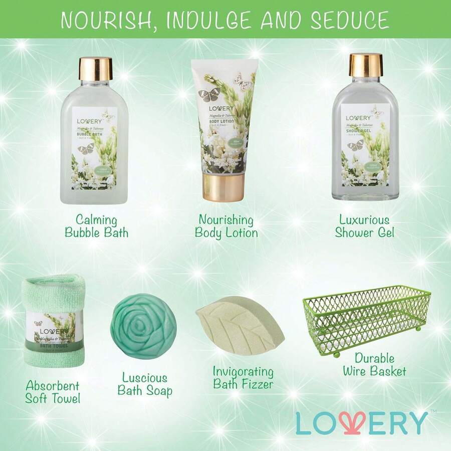 Lovery Home Spa Gift Basket - Magnolia Tuberose Fragrance - 7 Pc Bath ...