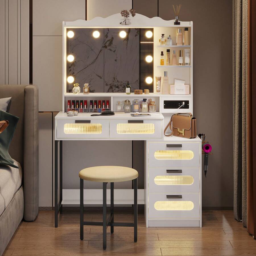 LVSOMT Vanity Desk With Mirror And Lights, Large Makeup Vanity Table ...