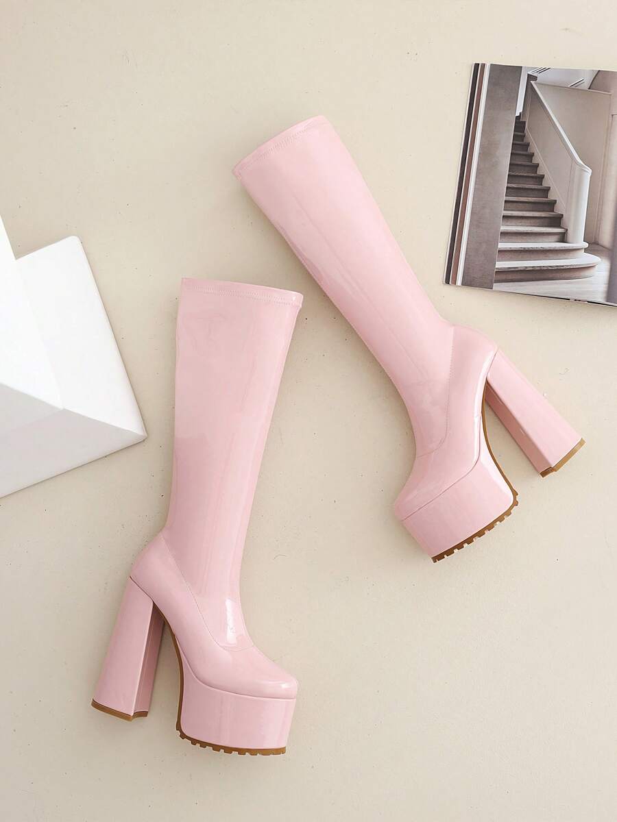 Vivianly Women Platform Knee Boots Chunky Block High Heel Patent ...