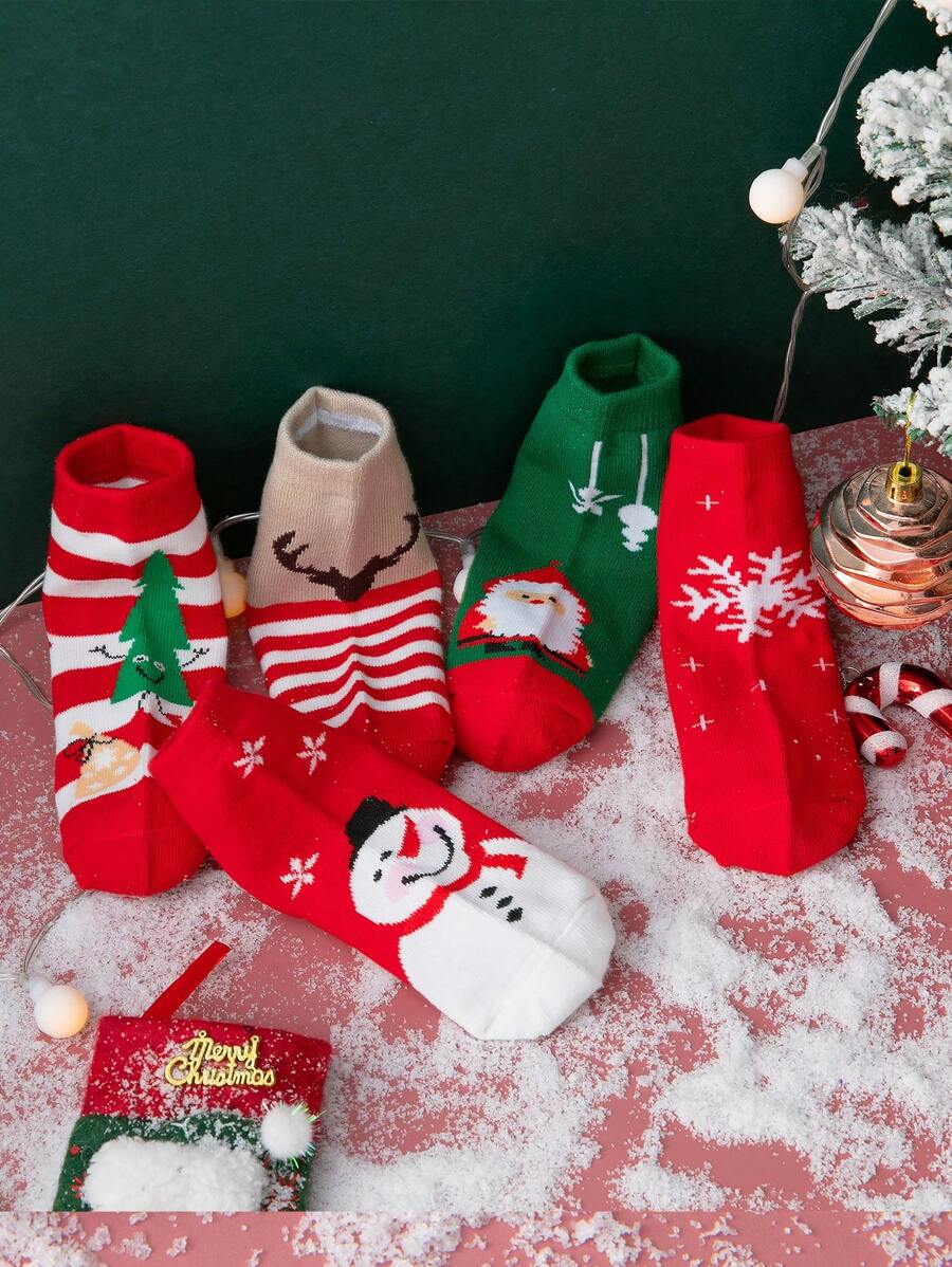 5 Pairs Toddler Boys' & Girls' Christmas Socks, Red Holiday Socks With ...