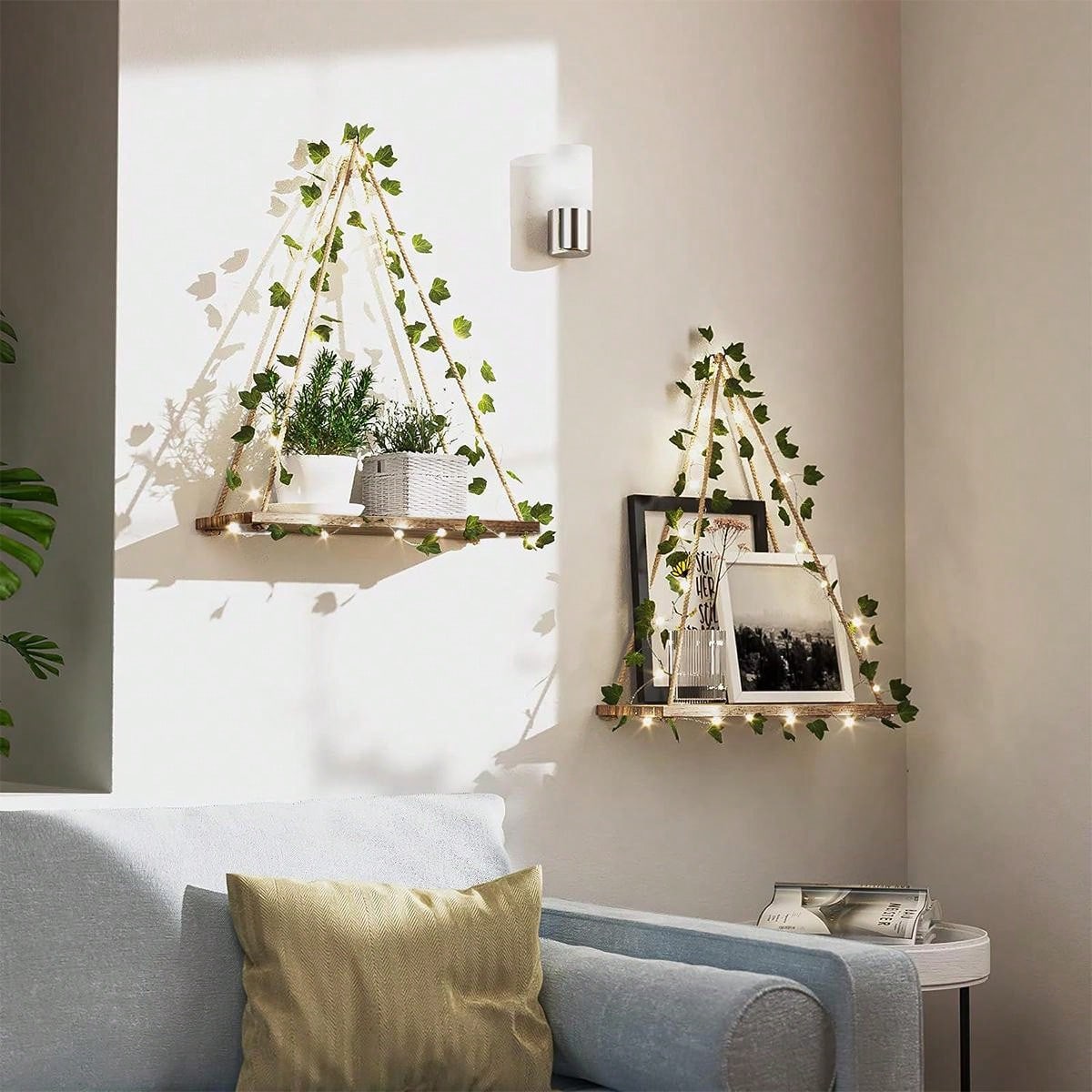 Artificial Ivy LED-Strip Wall Hanging Shelves , Macrame Shelf For ...