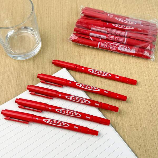 10pcs Red Dual Tip Oil-Based Marker Pen | SHEIN