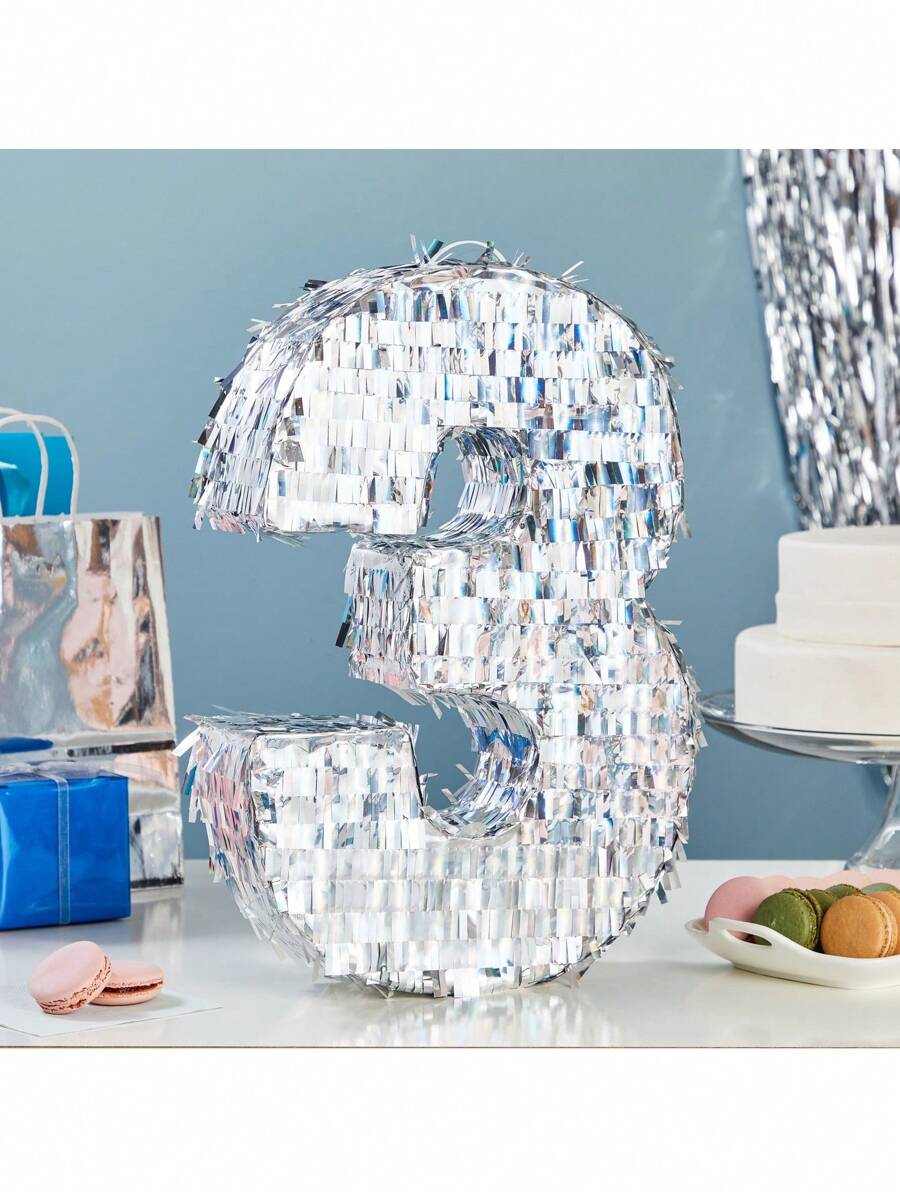 Small Holographic Silver Foil Number 3 Pinata For Kids Birthday Party ...
