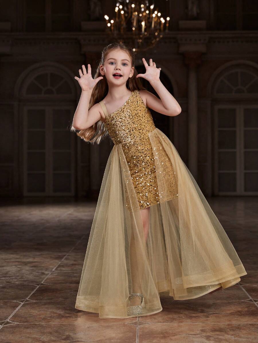 Tween Girl Asymmetrical Neckline Sparkly Dress With Waist Net Patchwork ...