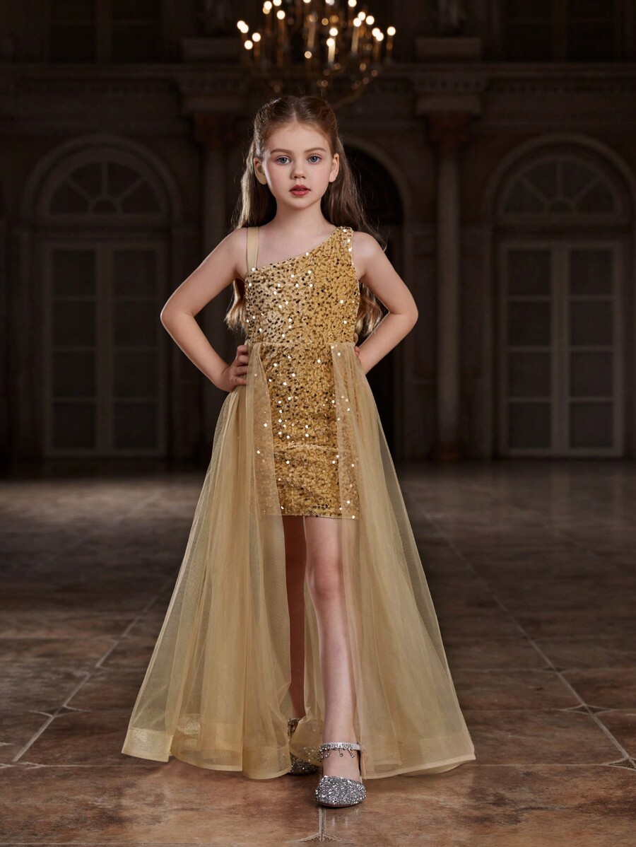 Tween Girl Asymmetrical Neckline Sparkly Dress With Waist Net Patchwork ...