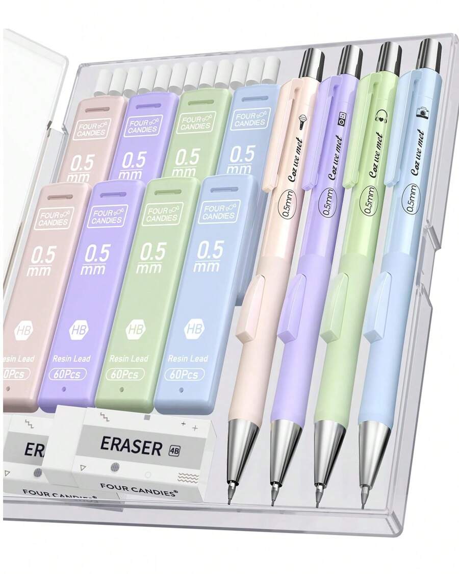 Cute Mechanical Pencil Set with Case, 4PCS 0.5mm Pastel Fast Click ...