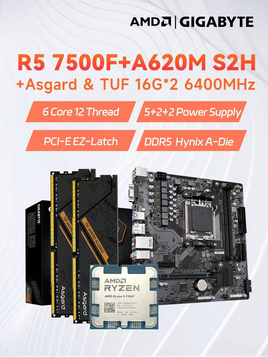 GIGABYTE Amd R5 7500f 和 Gigabyte A620m S2h 主板和 Asgard Tuf Ddr5 16gb*2 6400mhz 内存套装；6 核 12 线程；4 个 ...