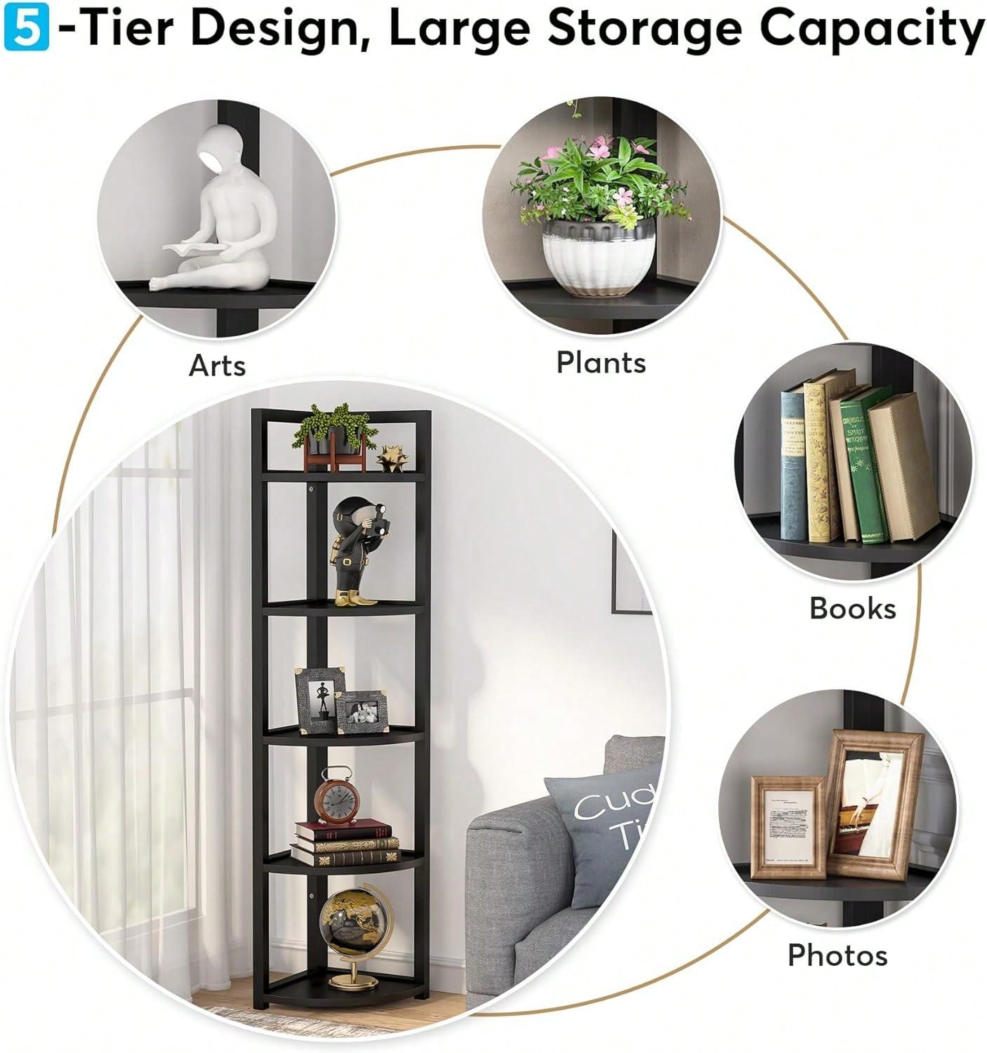 Tribesigns 5 Tier Corner Shelf, Rustic Corner Bookshelf Small Bookcase ...