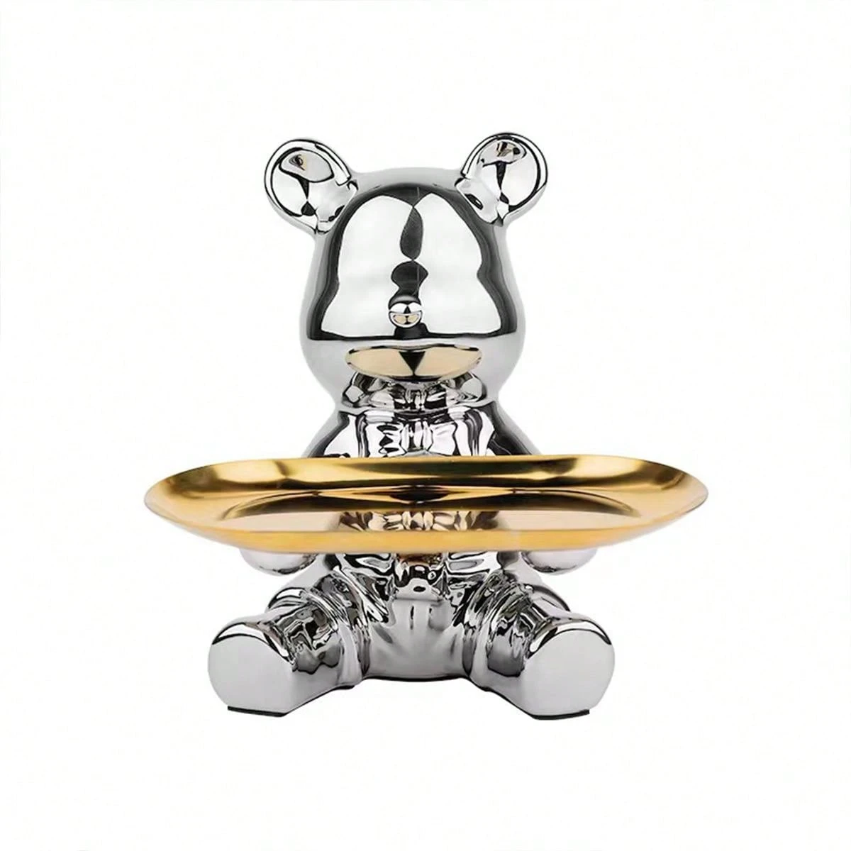 Ceramic Cute Bear Figurine With Silver Bear And Gold Tray For Living ...