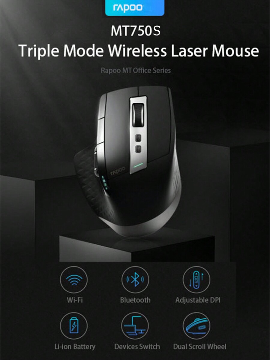 Rapoo MT750S BT 2.4G Wireless Mouse Rechargeable Side Scroll Wheel DPI Adjustable Programmable ...