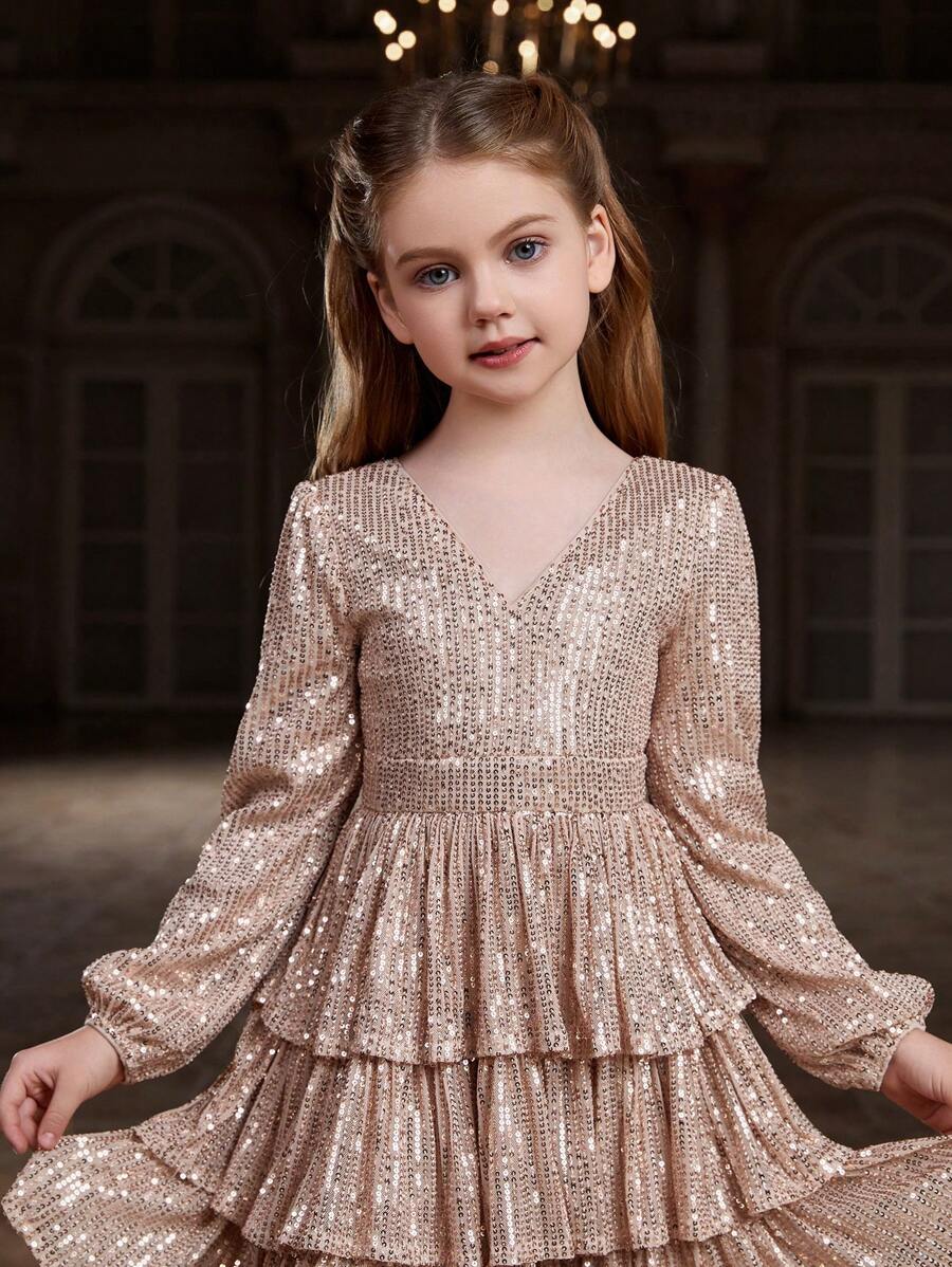 Tween Girl Backless Tiered Hem Sequin Dress | SHEIN USA