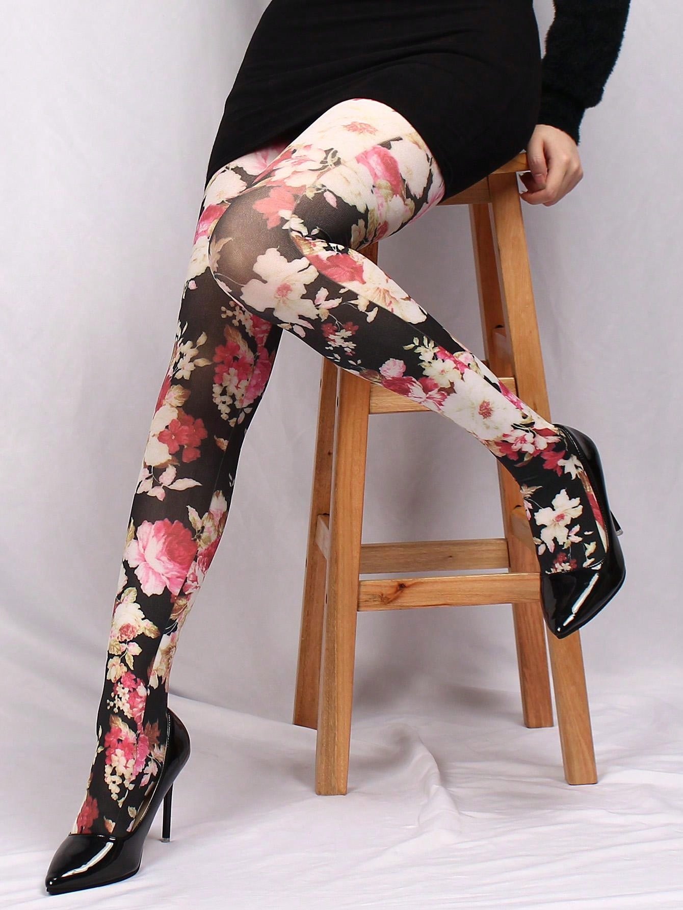 1pair Women's 60d Printed Tights With Large Floral Pattern, Pantyhose ...