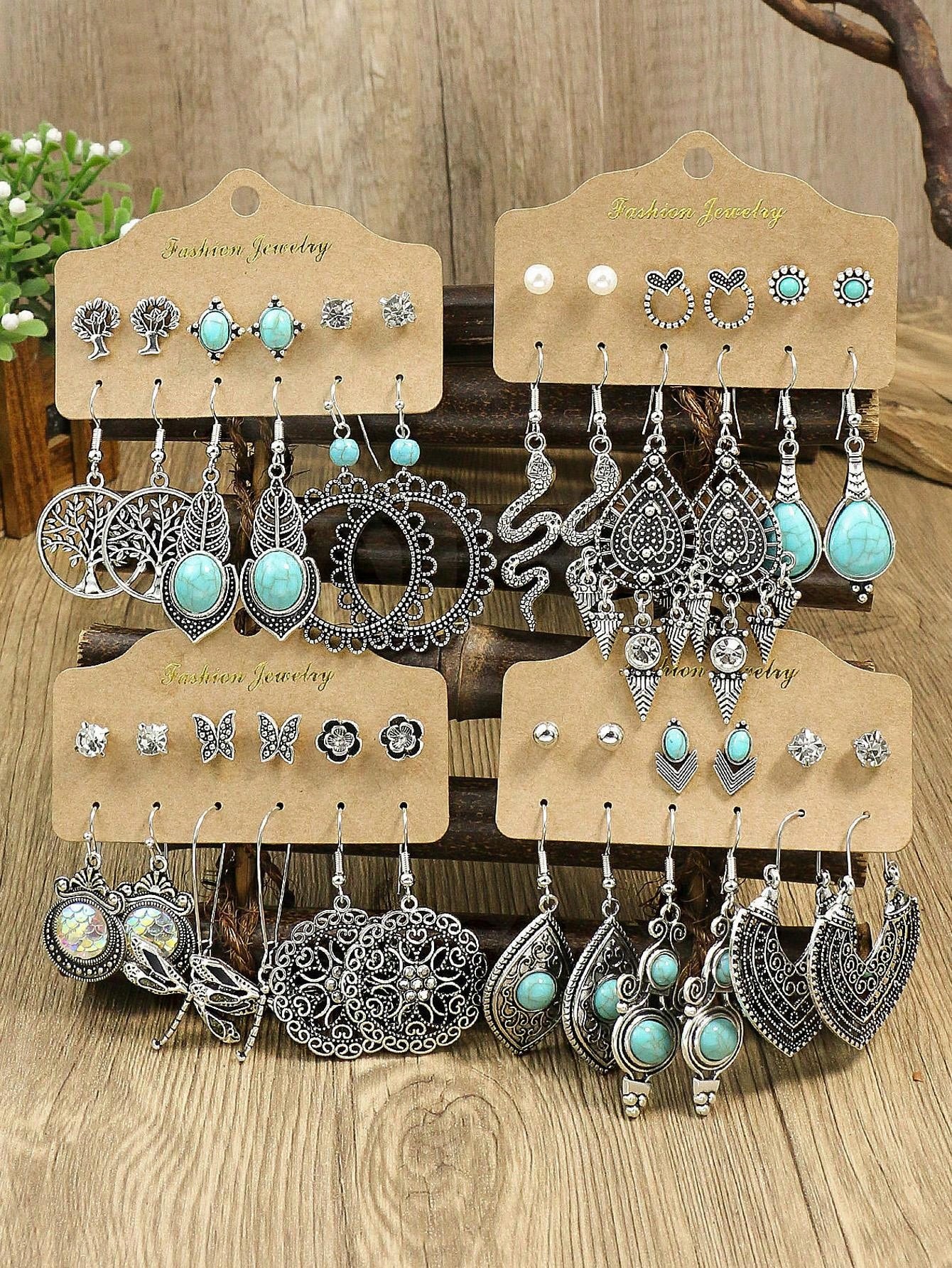 24 Pares De Zarcillos Con Diseño De Plata Antigua Y Con Incrustación De ...