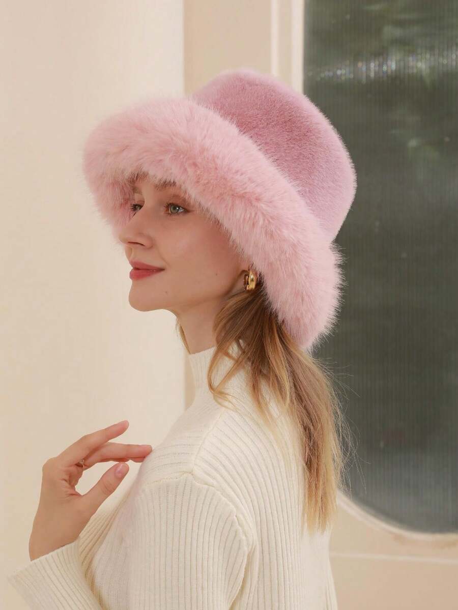 1pc Women's Fluffy Fringe Brimmed Bucket Hat, Suitable For Autumn And ...