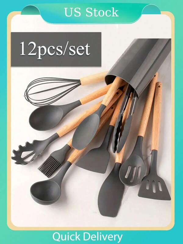 12pcs Pink Silicone Cooking Utensils Set With Wood Handle, Nonstick ...