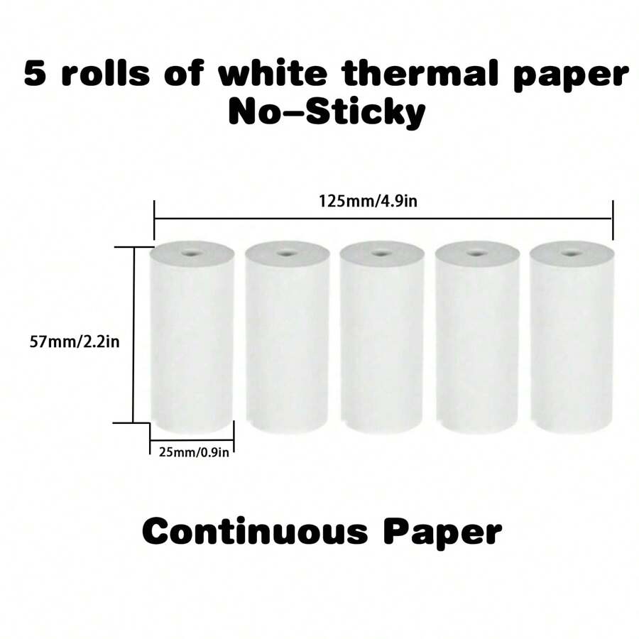 5 Rolls Of White Continuous Paper Printer Paper 57mm Wide For Portable ...