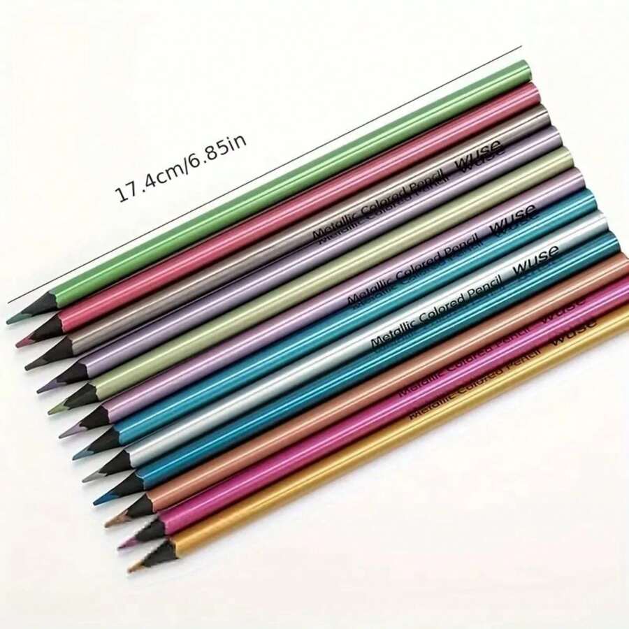 12-Color Metal Colored Pencils, Black Wooden Metallic Color Pencils For ...