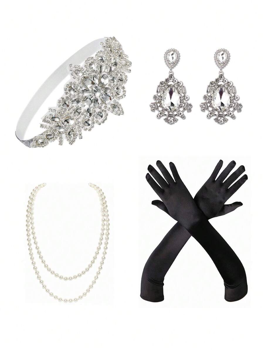 6pc 1920 Flapper Feather Headband Long Pearl Choker Necklace Satin ...