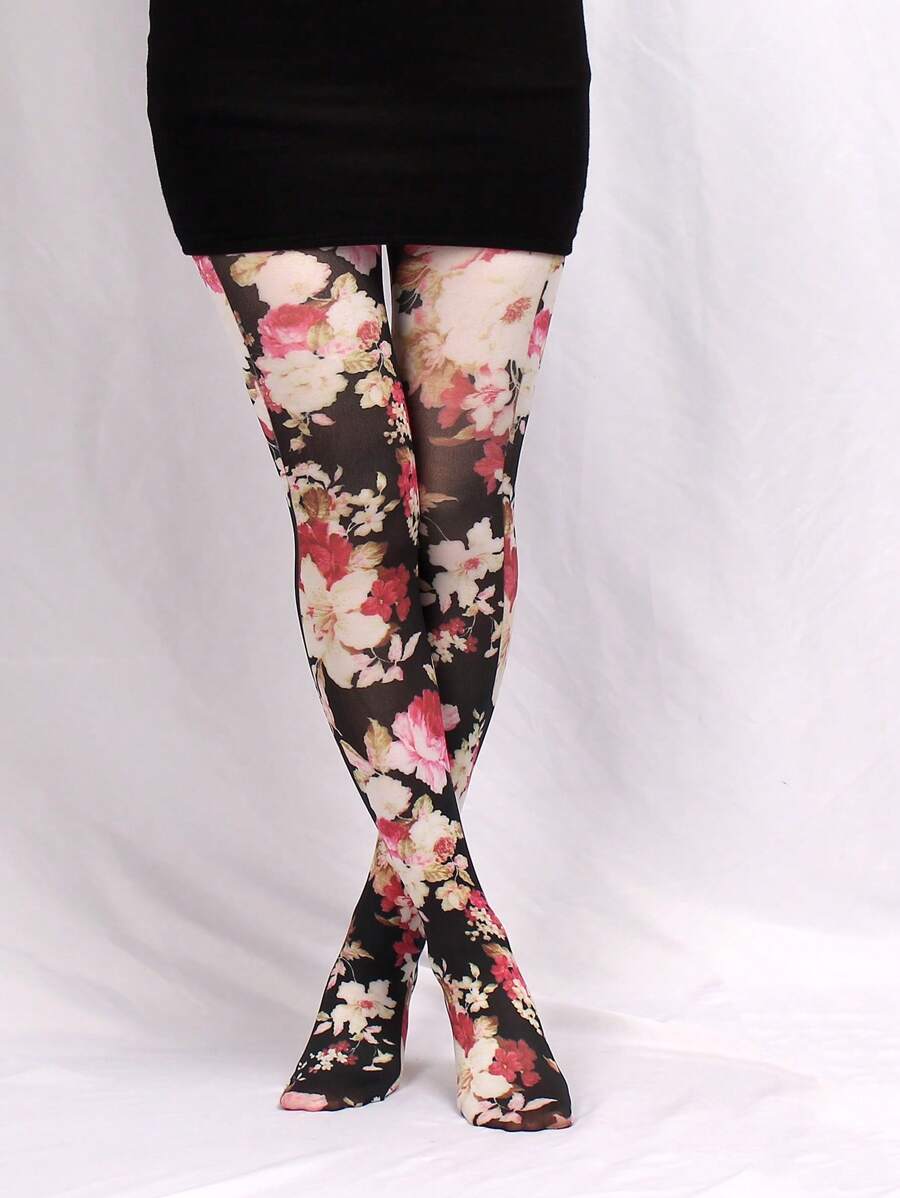 1pair Women's 60d Printed Tights With Large Floral Pattern, Pantyhose ...