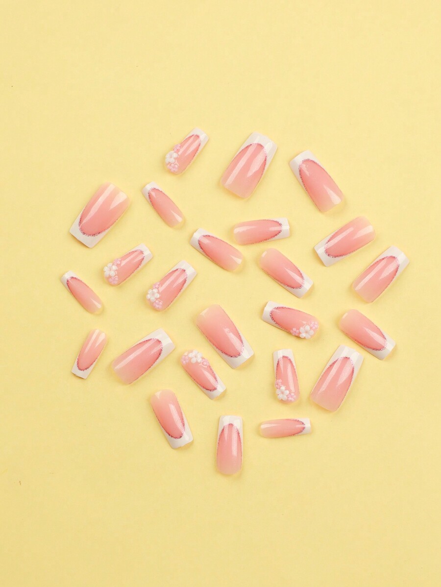 24pcs/set Reusable Medium-long Square French Tip Glitter Flower Nail ...