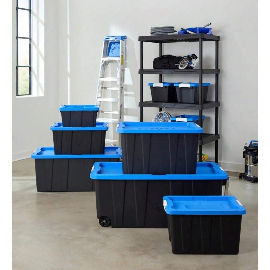 5 Gallon Latching Plastic Storage Bin Container, Black Base with Blue ...