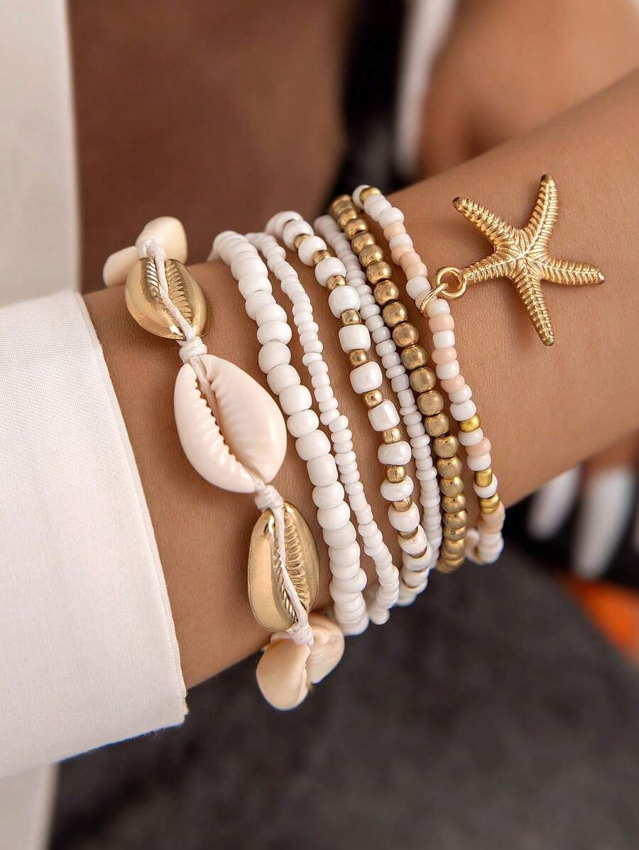 imoli 2/4/7pcs Set Bohemian Style Metal Starfish Bead, Shell Braided ...