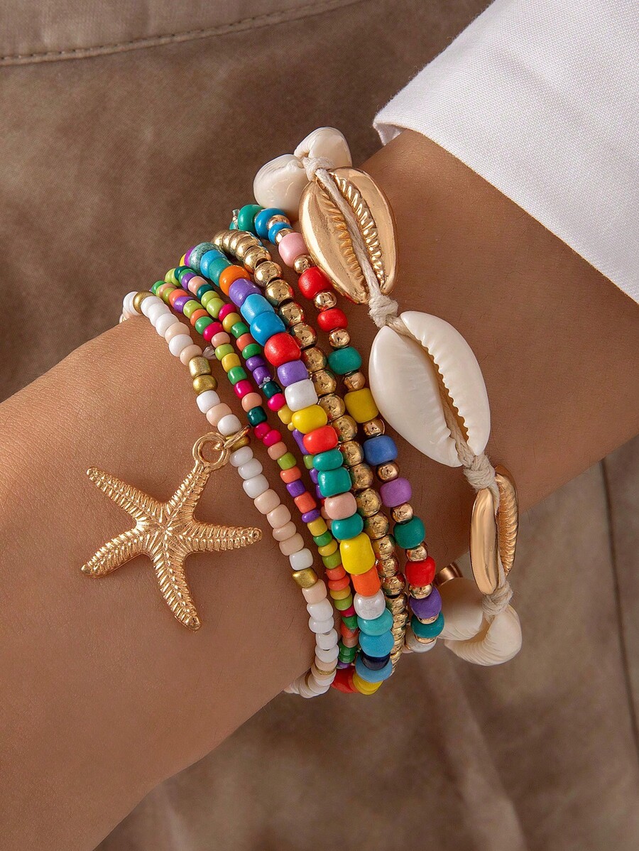 imoli 2/4/7pcs Bohemian Style Alloy Starfish, Colored Seed Beads, Shell Braided Bracelet Set ...