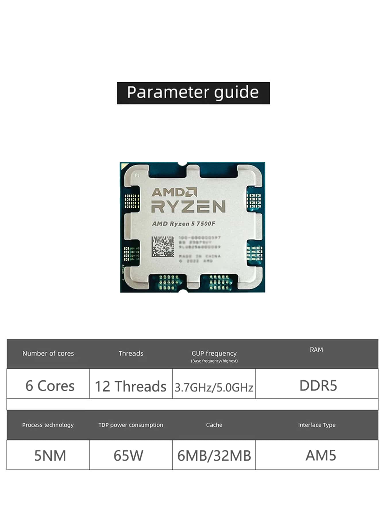 Ryzen 5 7500F 3.7GHz 6-Core 12-Thread CPU Processor 5NM L3=32M Socket ...