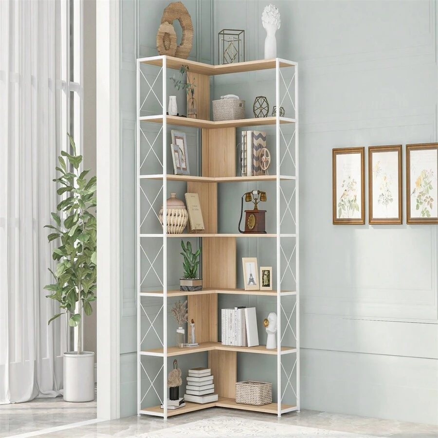 7-Tier Bookcase Home Office Bookshelf, L-Shaped Corner Bookcase with ...