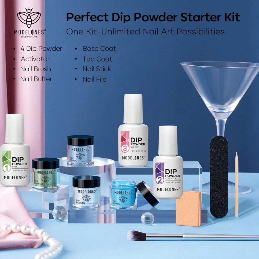 Modelones Dip Powder Nail Kit, 4 Colors Winter Blue Dipping Powder ...