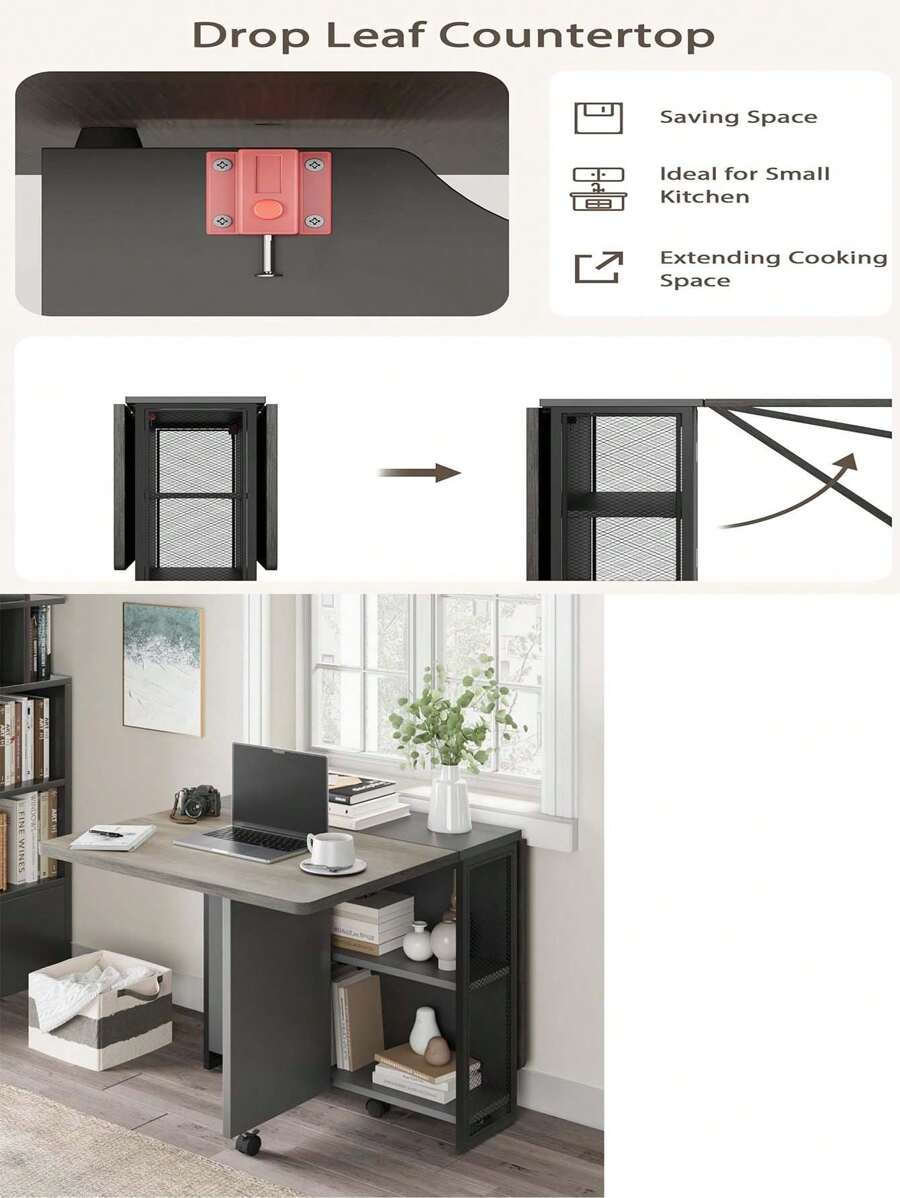 Space Saving Folding Dining Table with 2 Tier Storage-Extendable Drop ...